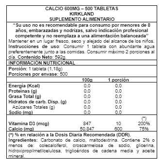 Calcio (con Vitamina D3) 600mg 500 Tabletas - Kirkland Signature